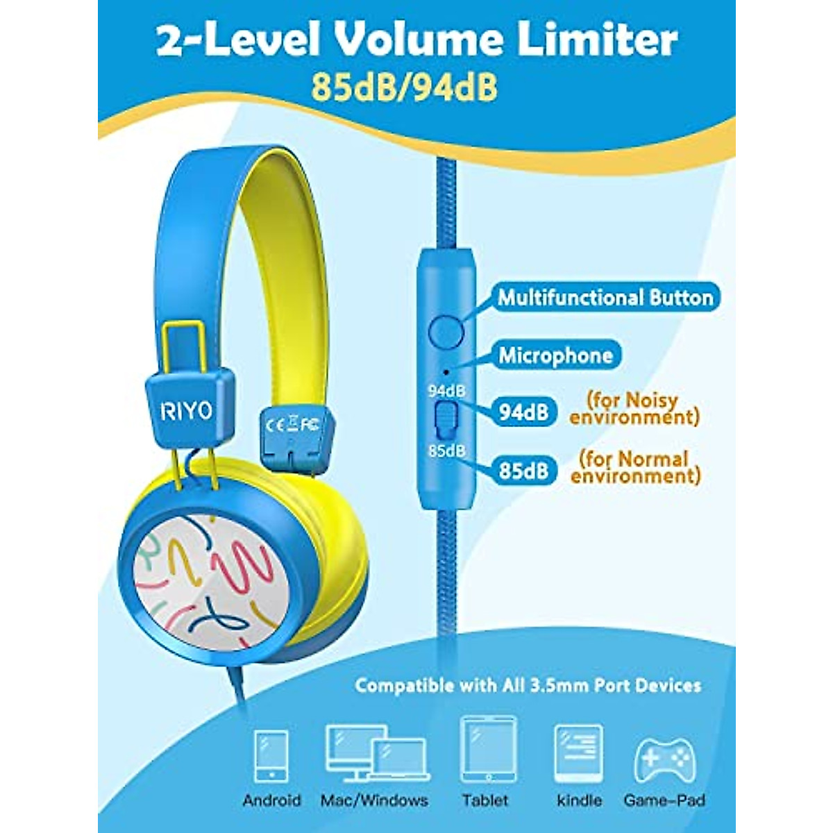 RIYO KH20 Kids Headphones with HD Microphone Compatible with Phones/laptops/Tablets/Computers and Gaming Devices (Sky Blue)