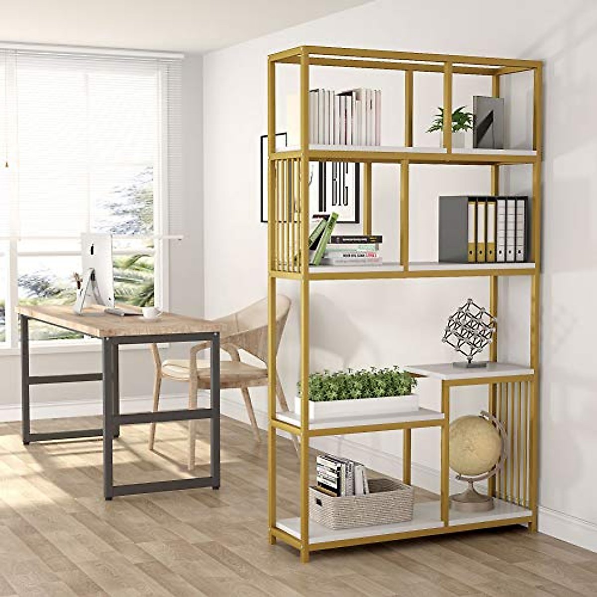 Tribesigns 7-Open Shelf Bookcases, Etagere Bookcase with Gold Sturdy Metal Frame, Modern Bookshelf Elegant Storage Display Shelves for Home Furniture