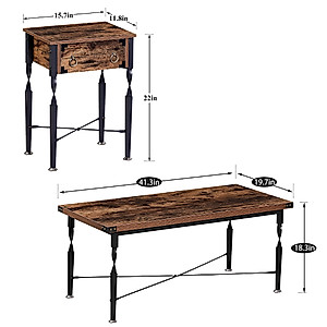 VECELO 3 Pieces Coffee/End/Side Table Set with Storage Drawers for Living Room, Office, Industrial Metal Frame, Easy Assembly, 41.3 in, One+Two, Rustic Brown