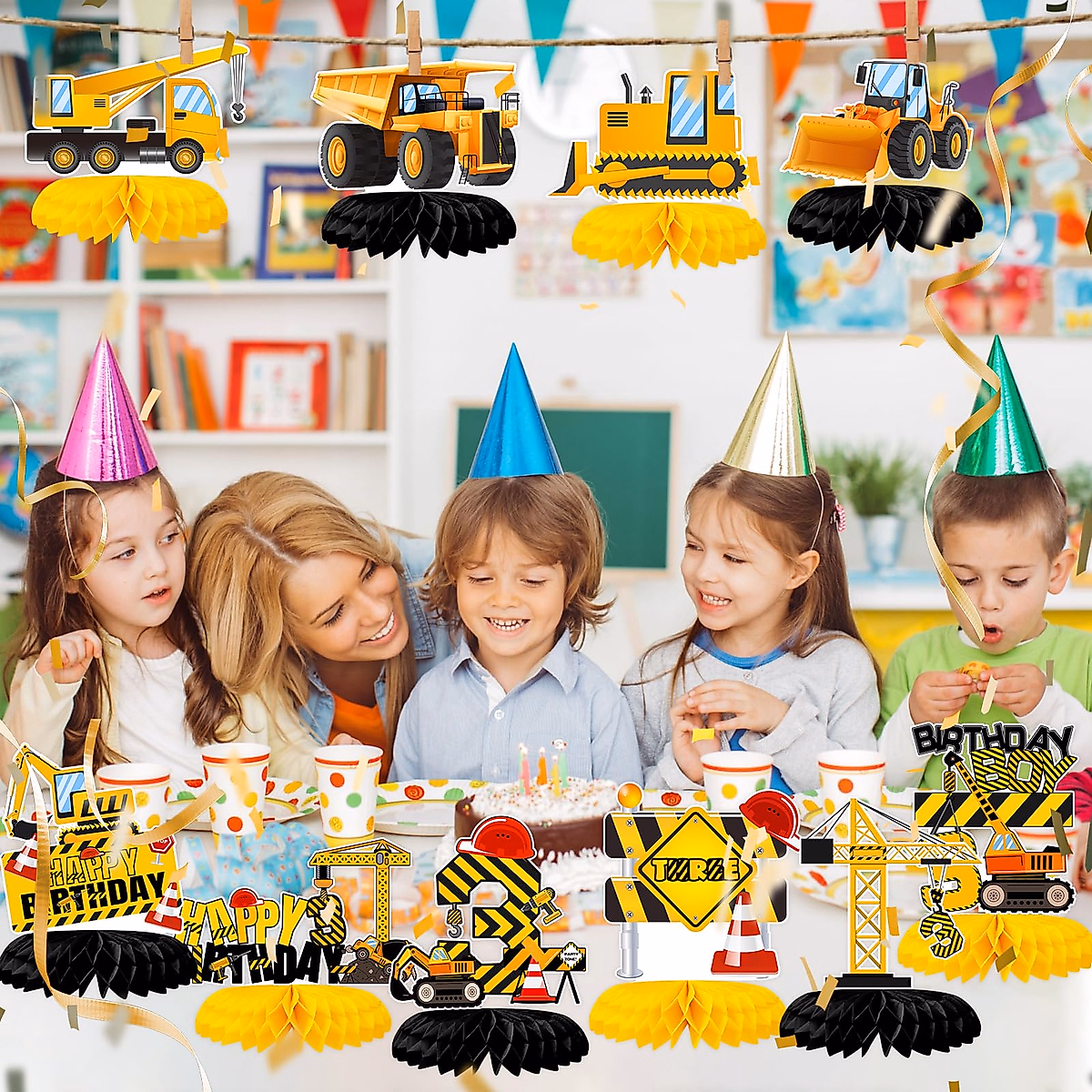 10Pcs Construction Honeycomb Centerpieces 3rd Birthday Party Decor for Boys,Dump Truck Car Cone Construction Zone Theme 3 Year Old Birthday Table Centerpieces Baby Shower Party Supplies Decorations