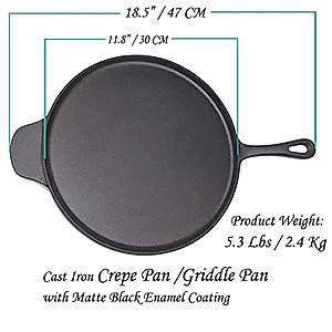La Cuisine Cast Iron Crepe Pan with Wood Spreader Heat Resistant Handle Sleeve Tawa Dosa Tortilla Pan 11.8" Dia Matte Black Enamel Coating PFOA Free