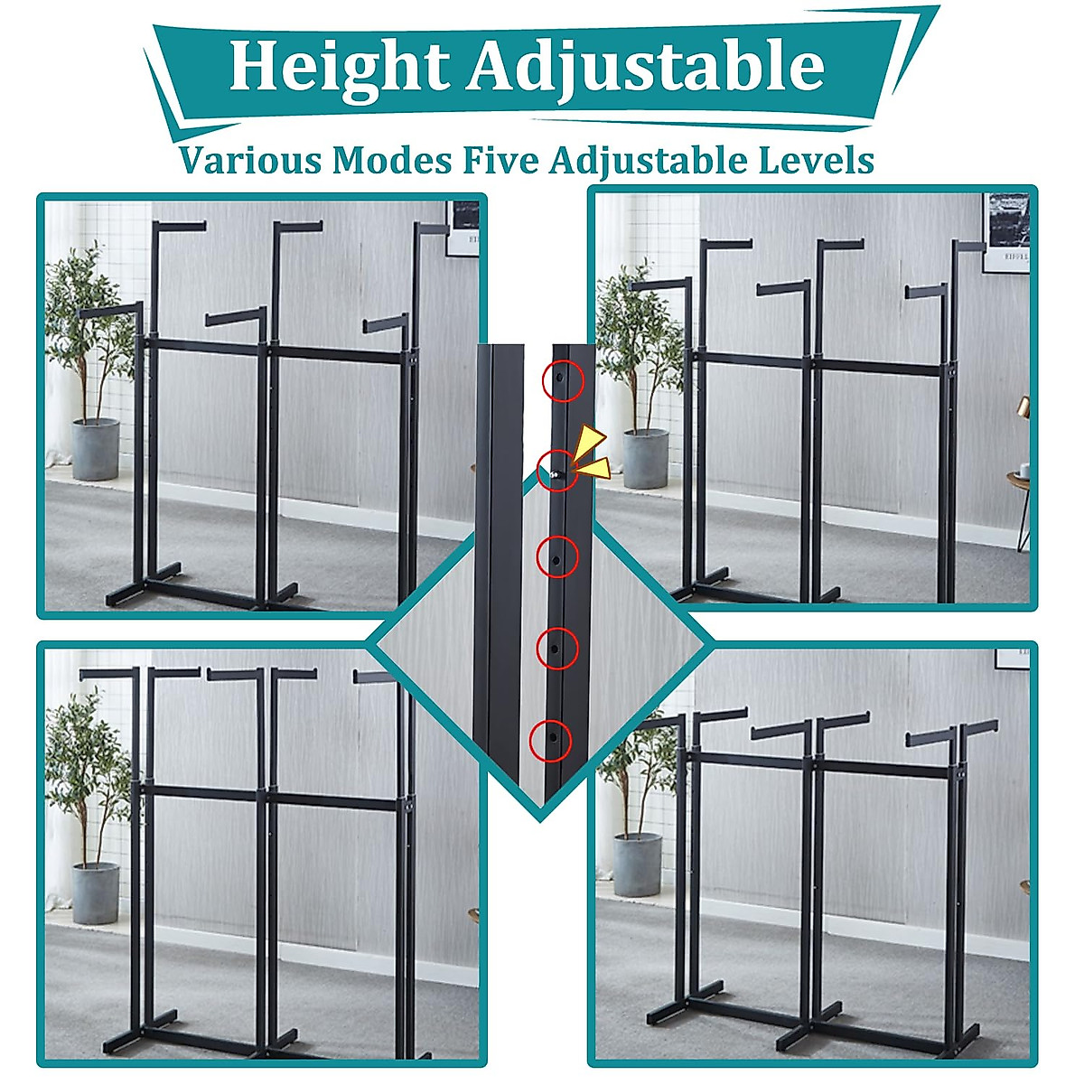 rcqeuiol Clothes Rack 6 Arms Clothing Retail Rack Floor Standing Metal Garment Rack with Wheels, Heavy Duty Retail Display Racks for Hanging Clothes, Adjustable Shirt Rack for Commercial Home, Black