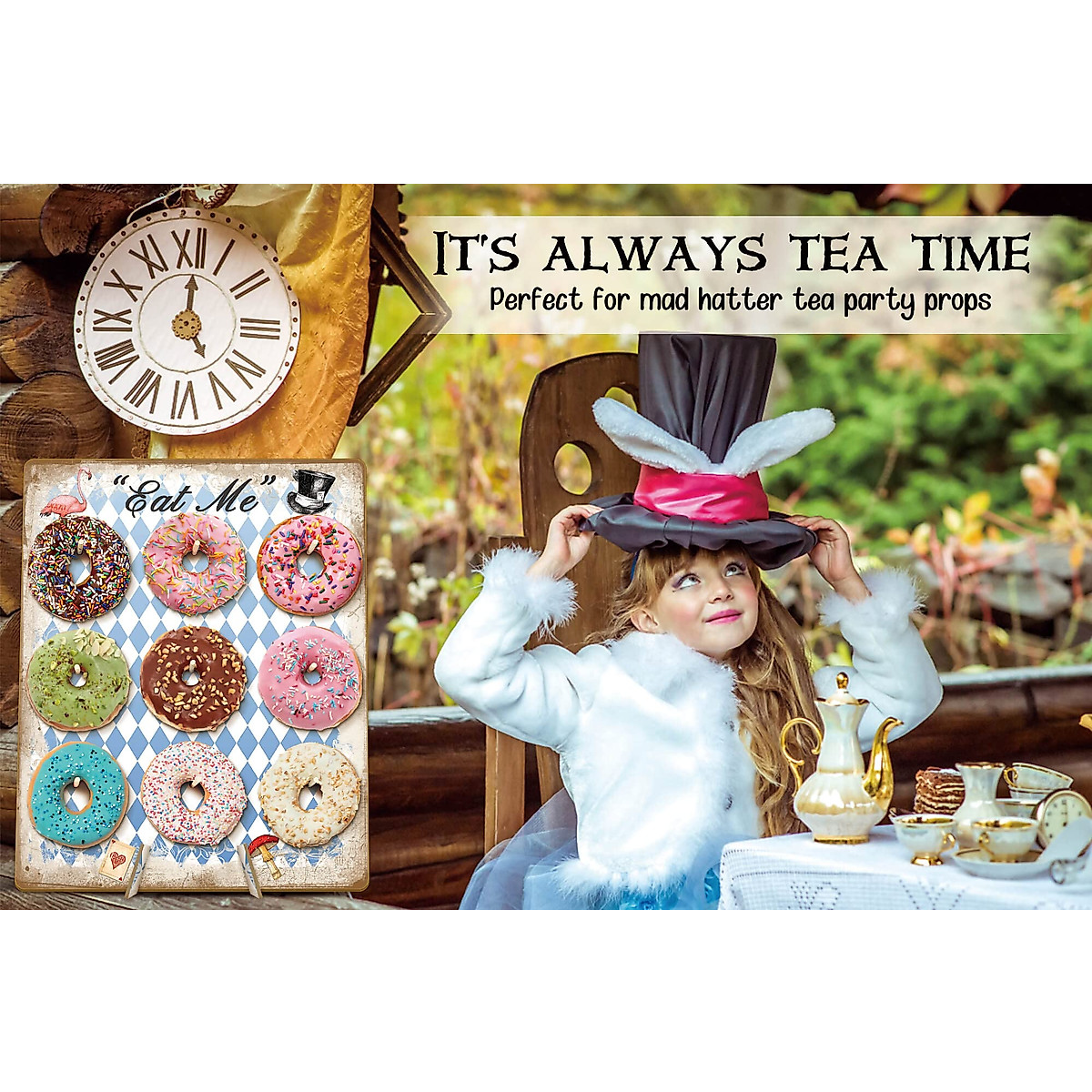 Faivykyd Alice in Wonderland Donut Wall Display Stand,Wonderland Themed Party Decorations for Weddings,Birthday & Donut Grow Up Parties,Mad Hatters Tea Party Props,Eat Me Donut Holder Fits 9 Doughnuts