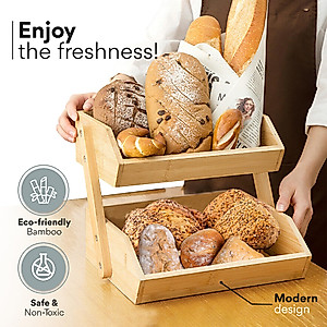 GET SORTED Bamboo 2 Tier Fruit & Vegetable Basket with Banana Hook for Kitchen Counter - Two Tier Countertop Design Perfect For Fruit, Vegetables, Snacks and More!