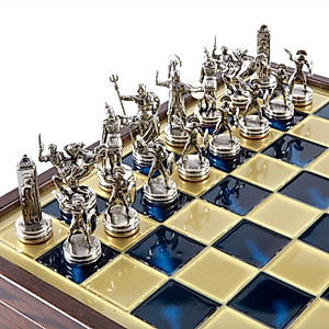 Manopoulos Greek Mythology Chess Set - Brass&Nickel - Wooden case Blue Board