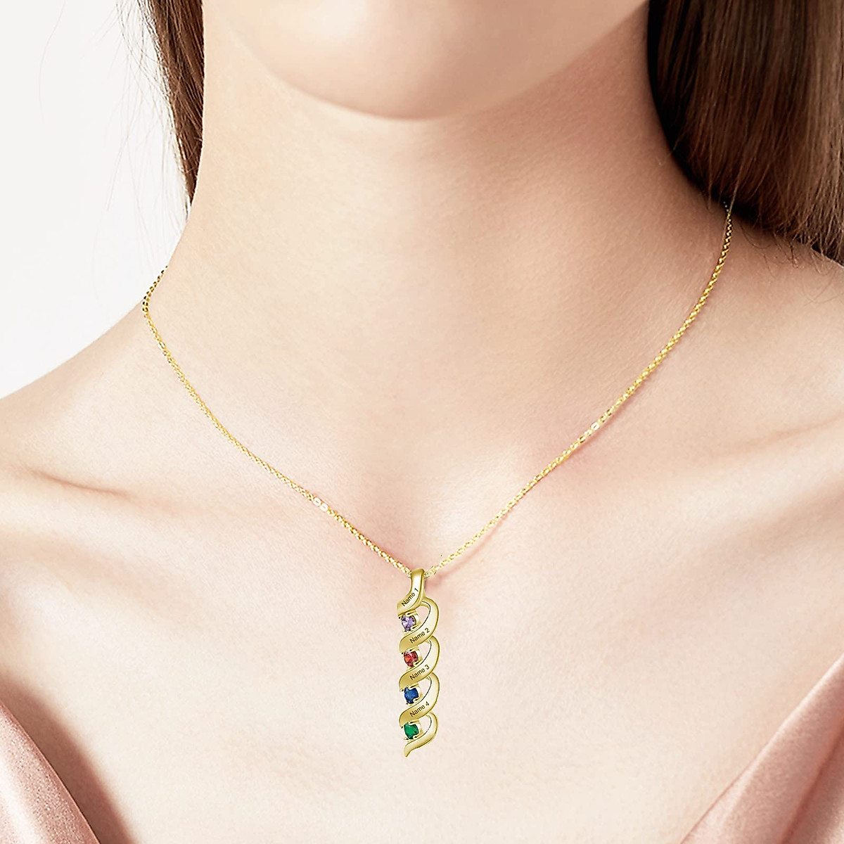 Yafeeso 10K/14K/18K Solid Gold Personalized Mothers Name Necklace with 4 Simulated Birthstones Custom Name Pendant Necklace Personalized Birthstone Gifts for Mom