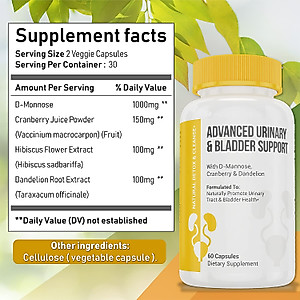 Advanced Urinary Tract Health & Bladder Support Supplement - Detoxifying Strength D-Mannose & Cranberry Natural Fast Acting UT Cleanse- Restore Control & Balance - 60 Capsules