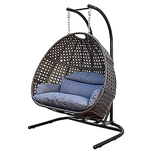Double Egg Chair with Stand, 2 Person Heavy Duty Hanging Wicker Rattan Swinging Chair Hammock Nest Chair for Indoor Outdoor Patio Lounger Swinging Loveseat Perfect for Balcony Garden - Dust Blue