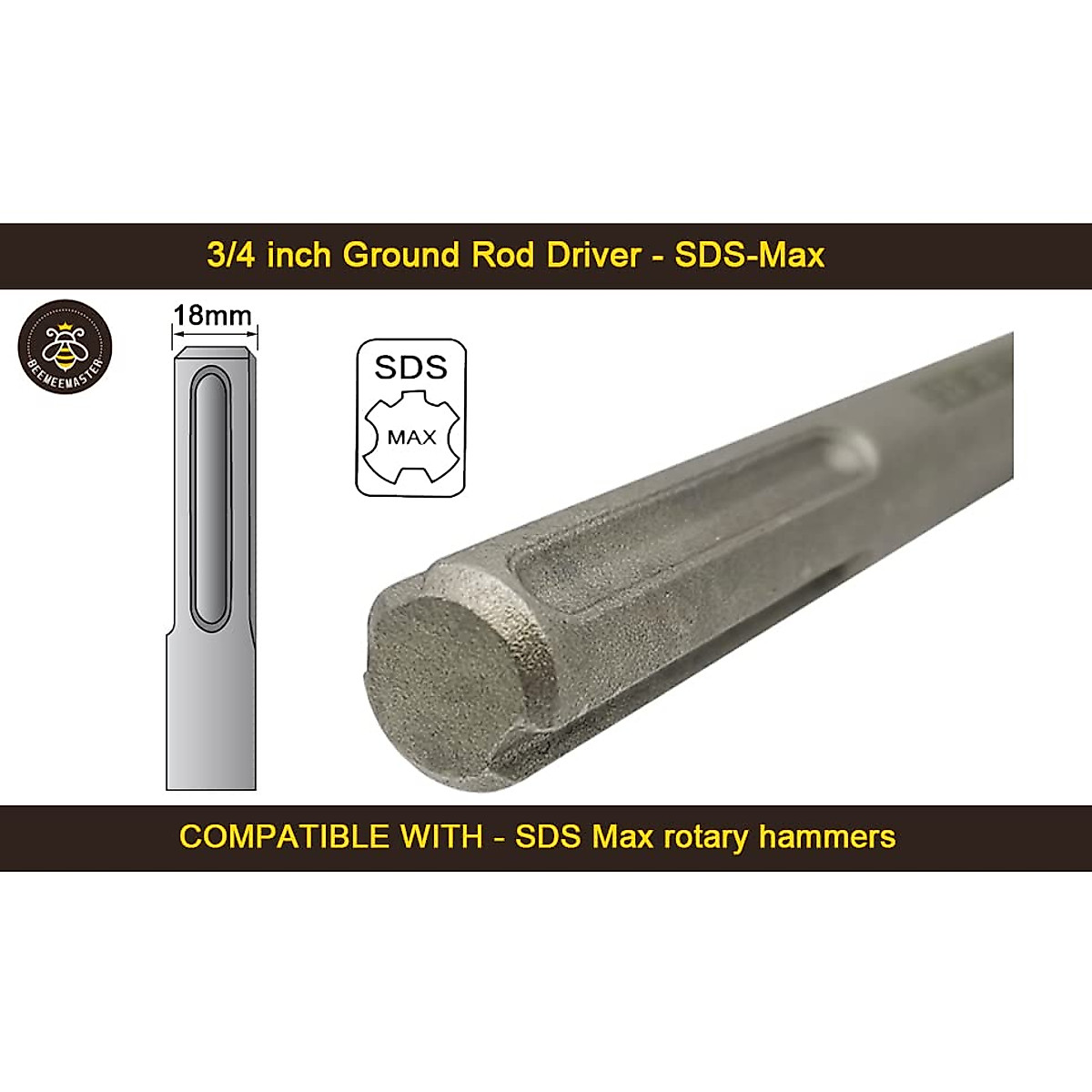BEEMEEMASTER 3/4 Inches SDS MAX Ground Rod Driver Socket for Rotary Hammer Drill, Drive 3/4 in. Ground Rods Rebars