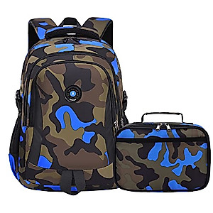 Yvechus Camo Backpack Set with Lunch Bag Lightweight Waterproof School Backpack Bookbag for Boys Girls (C-Style Camo Blue)
