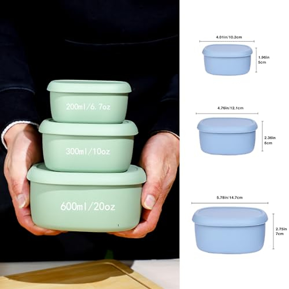 mwellewm 6 Pcs Silicone Food Storage Containers with Lids, Nesting Silicone Snack Box Containers Set Reusable Airtight Dishwasher and Freezer Safe Carry(6.7oz, 10oz, 20oz) - Green and Blue