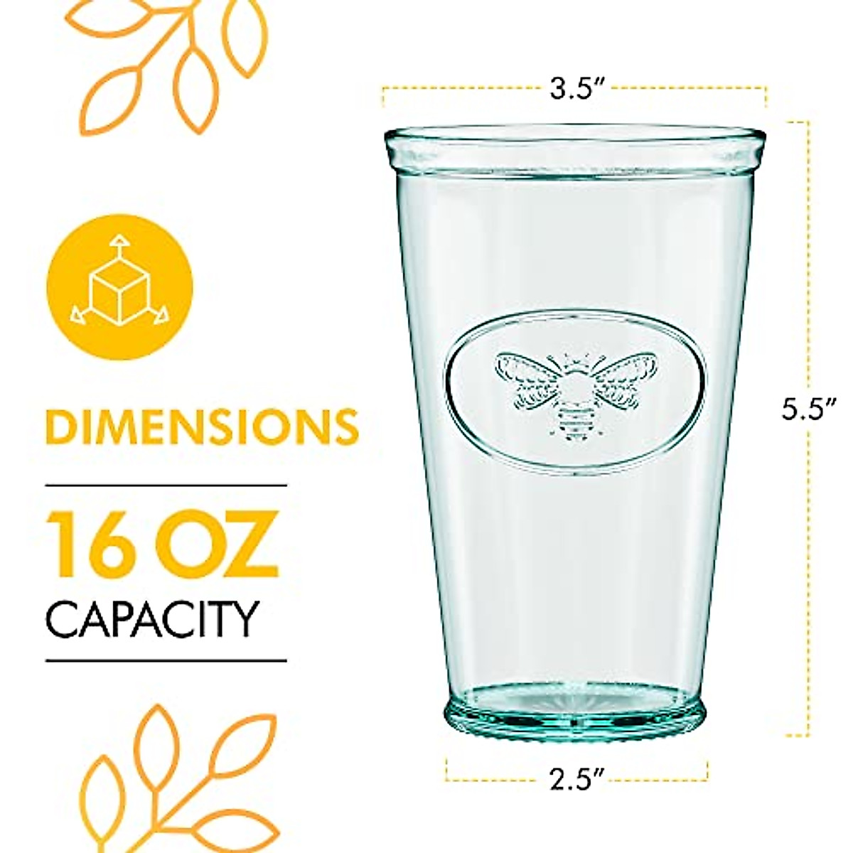 Amici Home Bee Hiball Glass | 16 Oz | Italian Made, Recycled Glass with Green Tint | Drinking Glass with Embossed Bee Design for Water, Juice, Cocktails (Set of 6)