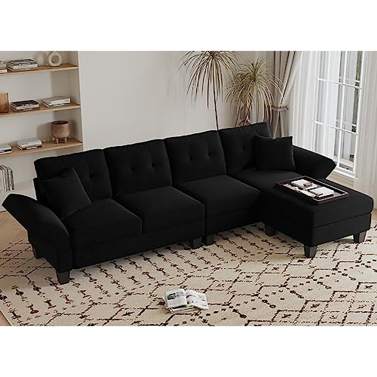 Belffin Black Velvet Sectional Couch L Shaped Sofa 4 Seat Sofa with Chaise Convertible L-Shaped Couches Reversible Sectional Sofa Black