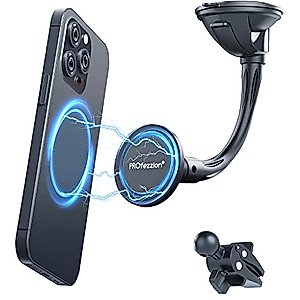 PROfezzion Suction Cup & Vent Clip Combo Magnetic Phone Holder Compatible with MagSafe on Car Windshield, Dash or Vent for iPhone 15 14 13 12 Pro Max Plus, Mag-Safe Case & All Phones [Aluminum Rod]