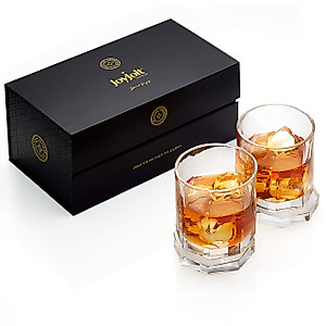 JoyJolt Aqua Vitae Premium Whiskey Glass Set of 2. Octagon Whiskey Glasses with Off Set Base. Old Fashioned Rocks Glasses for Scotch and Bourbon. Whiskey Tumbler Gifts for Men