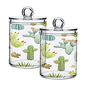 Kigai 2PCS Cactus Qtip Holder Dispenser with Lids - 14 oz Bathroom Storage Organizer Set, Clear Apothecary Jars Food Storage Containers, for Tea, Coffee, Cotton Ball, Floss