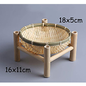 TimesFriend Rural Natural Mini Round Bamboo Basket for Fruit with 4 Stand Countryside Styles Home Decor Disply Dry Fruit Tray Bowl (Large)