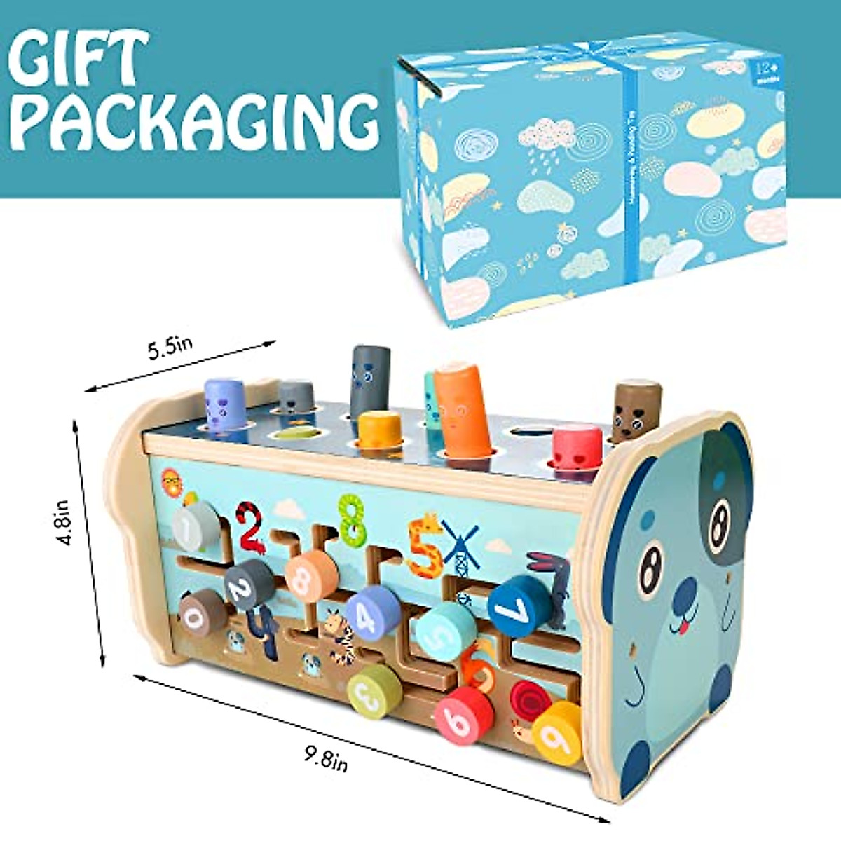 KIDWILL Wooden Hammering Pounding Toy for 12+ Months Kids, Montessori Toys for 1+ Year Old Babies, Early Development Toy with Pounding Bench, Xylophone, Number Sorting Maze, Gifts for Toddlers Age 1-2