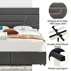Yaheetech Queen Bed Frame Upholstered Platform Bed with USB Charging Station/4 Storage Drawers/Streamlined Headboard/Mattress Foundation/No Box Spring Needed/Strong Wooden Slats, Dark Gray Queen Bed