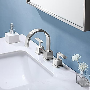 KINGO HOME Modern 3 Hole Widespread Brushed Nickel Bathroom Faucet,Waterfall 8 inch 2 Handle Bathroom Sink Faucet Vanity Bathroom Faucet for Sink 3 Hole with Pop Up Drain and Water Supply Lines