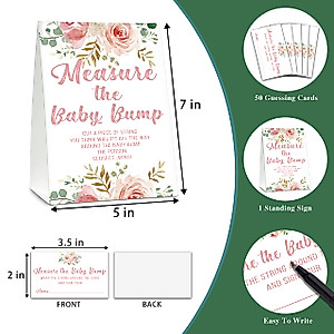 Baby Shower Game Set, Measure The Baby Bump(1 Standing Sign + 50 Guessing Cards), Floral How Big is Mommy's Belly Party Game, Blush Pink Baby Shower/Gender Reveal Party Favor Decor(A02)