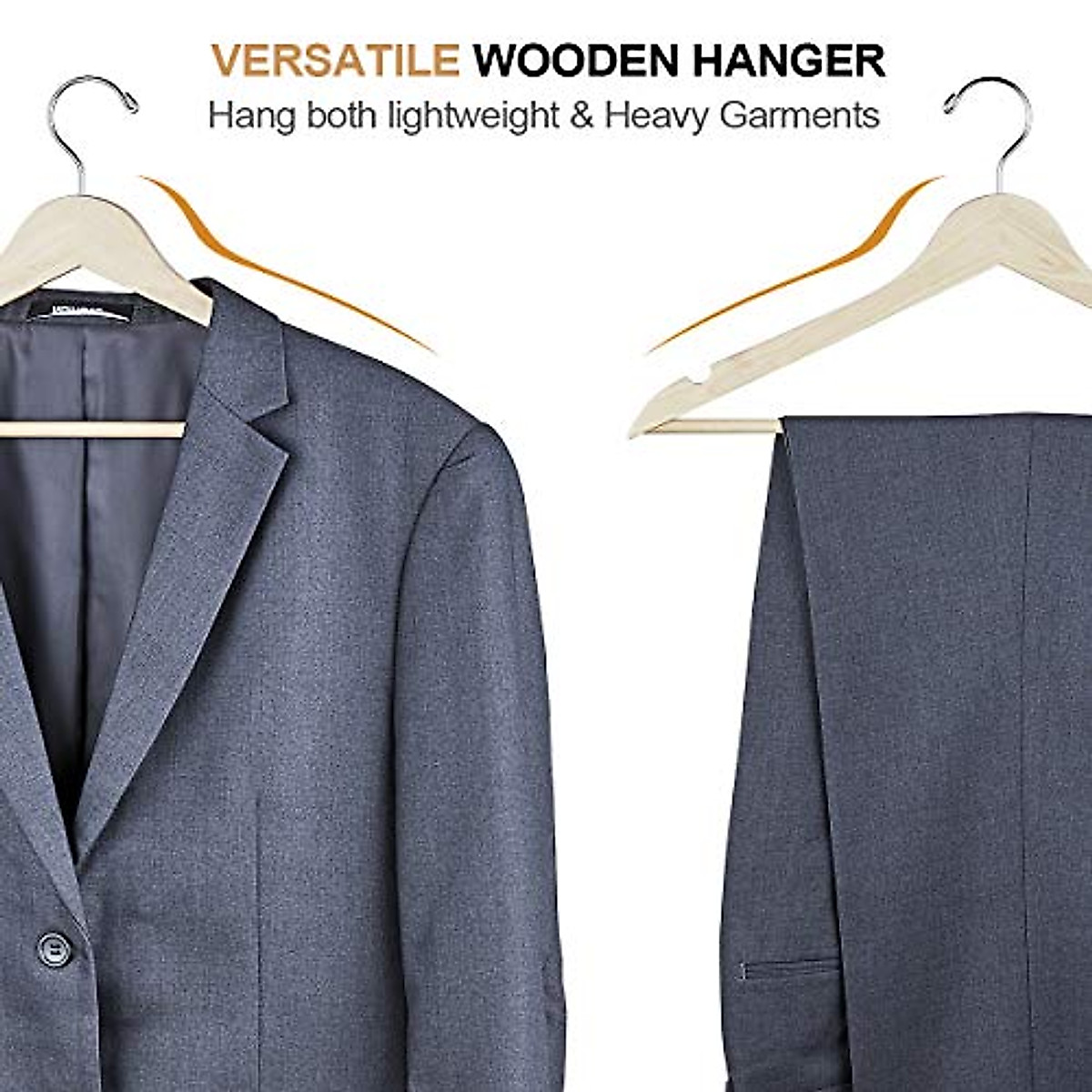 ELONG HOME Solid Wooden Hangers 30 Pack, Slim Wood Coat Hangers with Extra Smooth Finish, Precisely Cut Notches and Chrome Swivel Hook, Wooden Clothes Hangers for Shirt Suit Jacket Dress, Natural