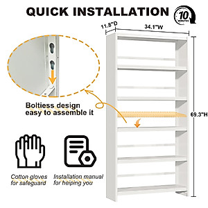 YILFANA 69'' Tall White Bookshelf, Metal Bookshelves and Bookcases, Display Bookshelf with 5 Tier Display Shelves, Large Bookshelf for Study, Library, Office, Corner