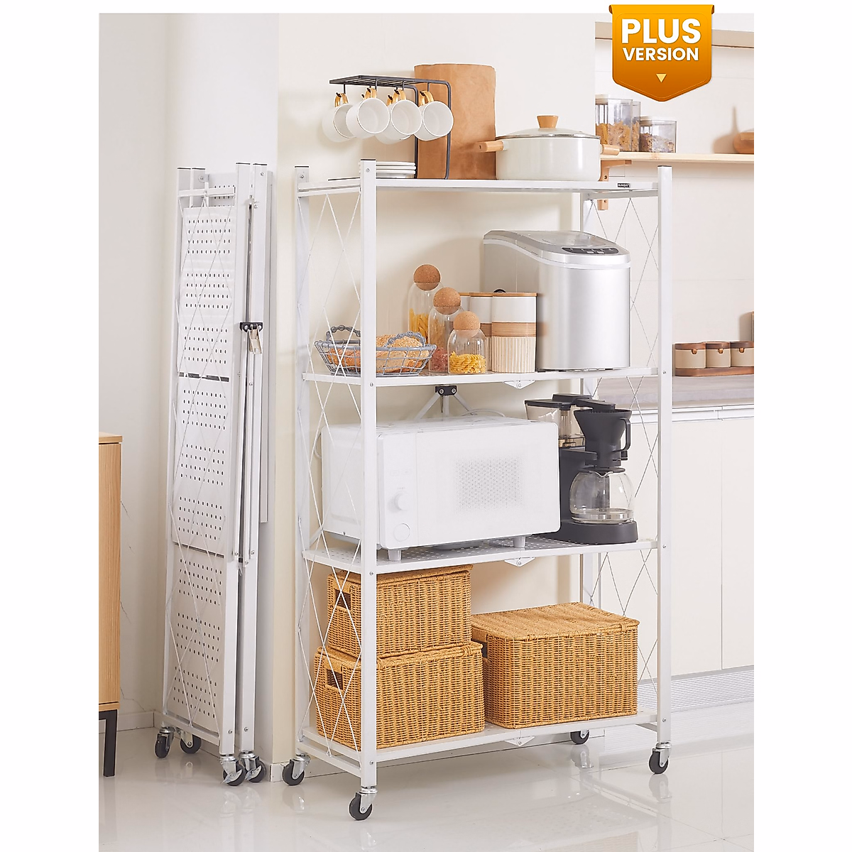 ALANNG Folding Storage Shelves with Wheels, Bookshelf with Storage, No Assembly Metal Rack Shelf for Kitchen, Office, Laundry, Garage (4 Tier, White)