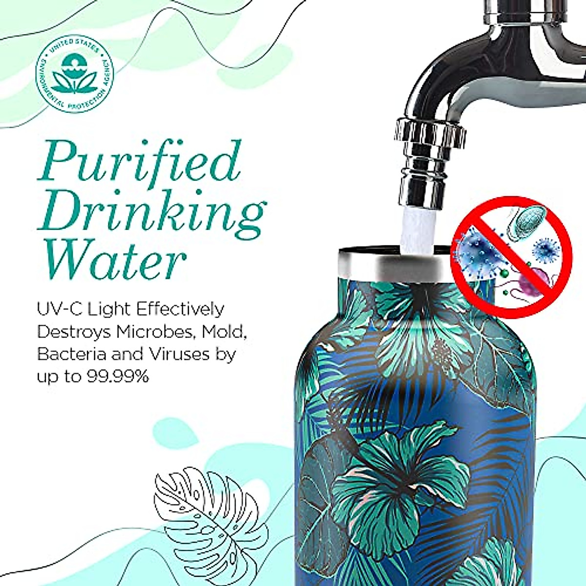 UVBRITE Beam Self-Cleaning UV Water Bottle - 24 Oz Insulated Stainless Steel Bottle - Rechargeable Sterilizing Bottle with Safety Lock Push Button Quick Purification for Safe Drinking Water Anywhere