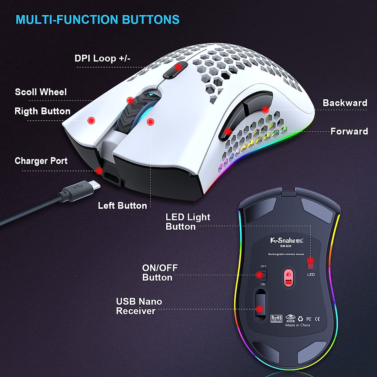 HETOETF Wireless Gaming Mouse Lightweight Honeycomb Design, Rechargeable RGB Backlight Computer Mouse with USB Receiver,Adjustable DPI,2.4GHz Wireless Mouse for PC/Mac/Laptop