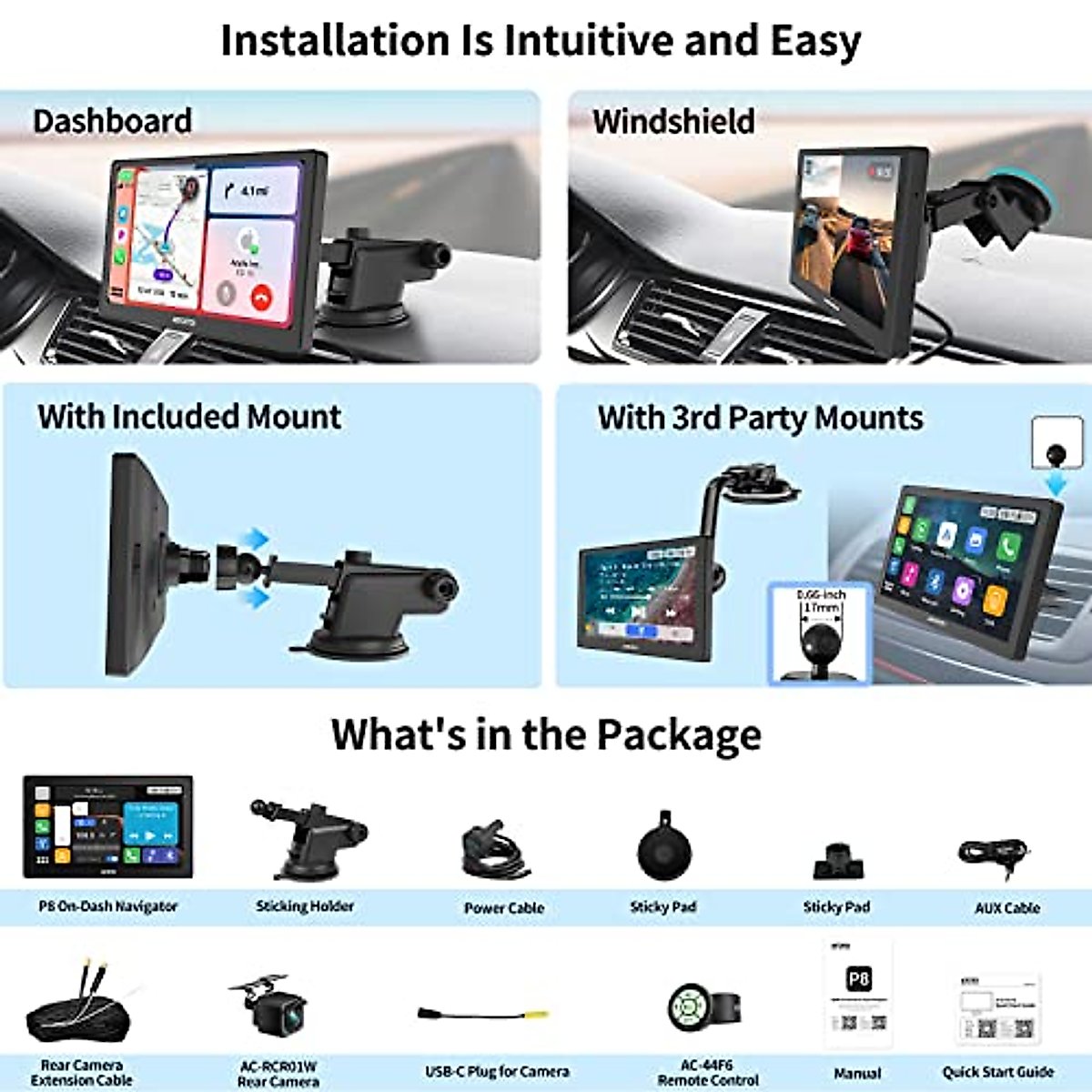 ATOTO P8 Portable 7'' QLED Display Car Radio, with HD 1080P Rear DVR Cam, On-Dash Camera Input, Wireless Carplay & Wireless Android Auto, Remote Control, WDR & Auto Dimmer, AUX/FM Output, P807SD-RC