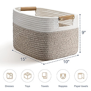 LOVSTORAGE Cotton Rope Basket for Storage, Set of 3 Storage Baskets for Organizing with Handles Woven Laundry Basket in Living Laundry Room for Blankets Toys Throws Pillows Towels 15x10x9" White/Brown