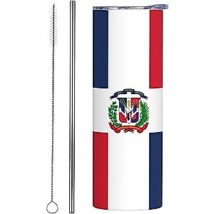 Stainless Steel Skinny Tumbler Dominican Republic Flag Travel Cup 20 Oz Double Wall Slim Insulated Coffee Mug With Splash Proof Lid & Straw & Cleaning Brush For Home Office