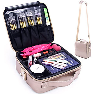 Relavel Cosmetic Case Makeup Case Travel Train Case Professional Portable Cosmetic Artist Storage Bag with Adjustable Dividers for Cosmetics Makeup Brushes and Adjustable Shoulder Strap (Rose Gold)