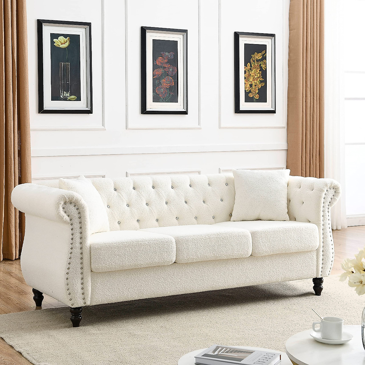 Xozor 80" Chesterfield Sofa,3 Seater Sofa Tufted Couch Upholstered Sofa Couch,with Rolled Arms and Nailheads,Two Pillows, for Living Room, Bedroom, Office, Apartment. Teddy White