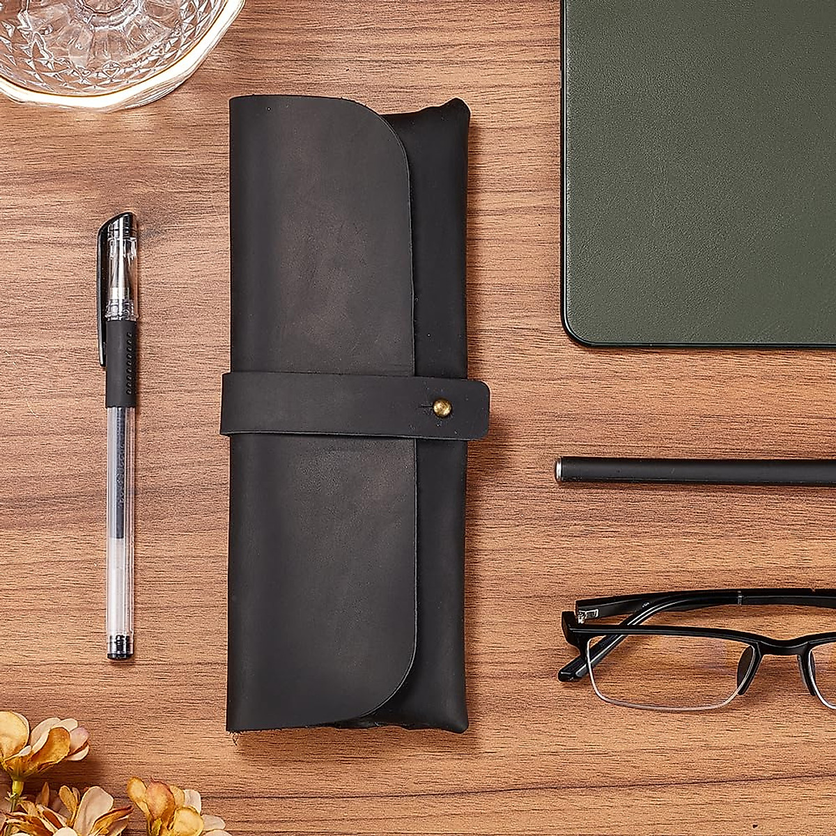 GORGECRAFT Retro Black Crazy Horse Leather Pencil Case Genuine Leather Snap Cover Pen Cases Large Capacity Leather Pencil Pouch Vintage Holders for Pen Pencils Men Women Glasses Sunglasses