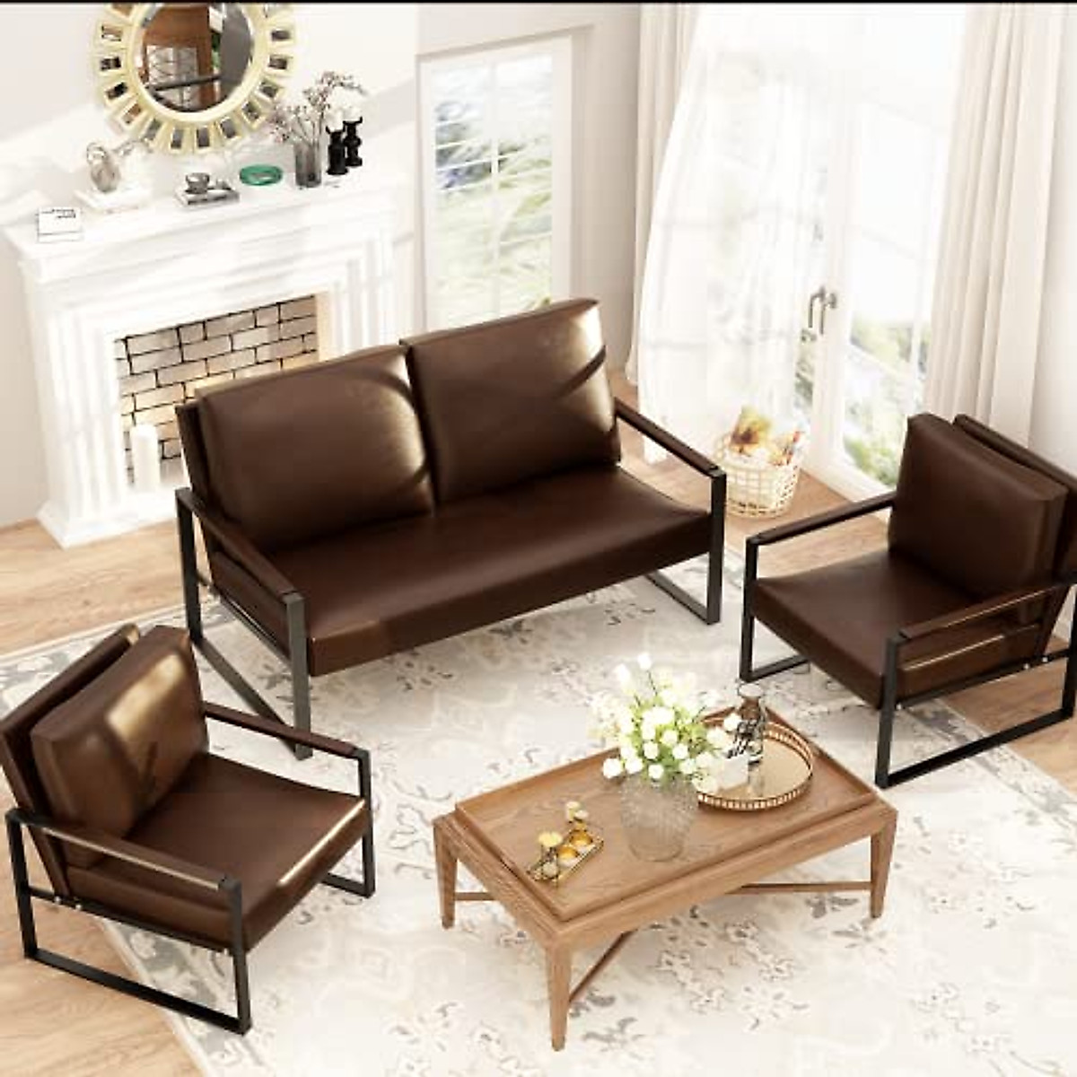 DLKGG Modern 45" Loveseat Sofa Couch, Faux Leather Small Loveseat Sofa with Ergonomic Cushion & Scratch Resistant Foot Mats, 2-Seater Loveseat Sofa for Living Room, Office, Reception Room(Brown)