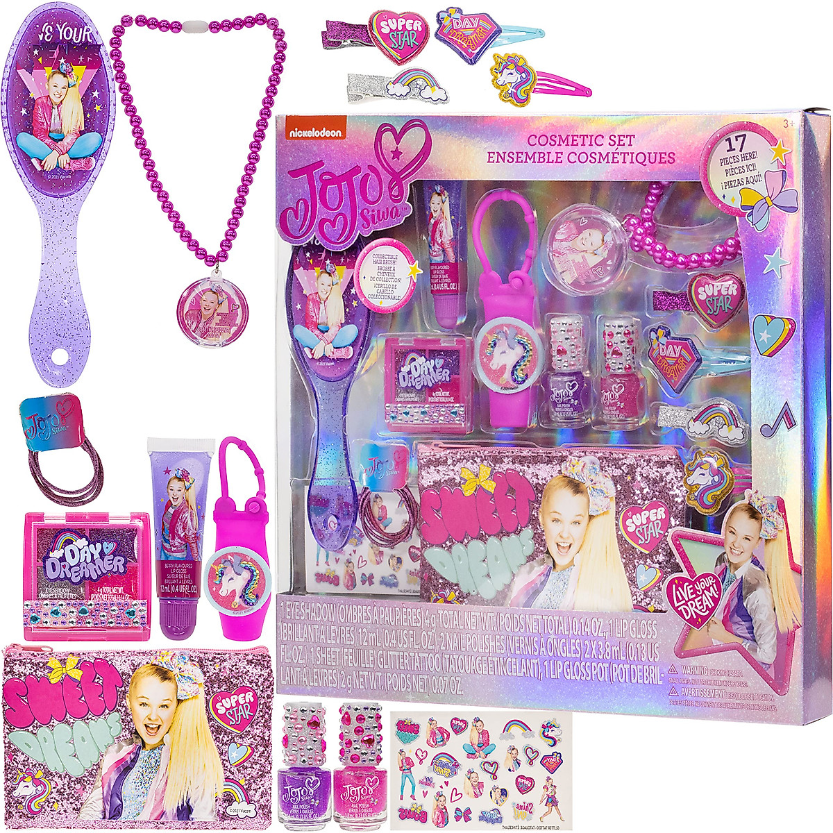 JoJo Siwa - Townley Girl Cosmetic Makeup Gift Box Set includes Lip Gloss, Nail Polish, Hair Accessories and more! for Kids Teen Girls, Ages 3+ perfect for Parties, Sleepovers and Makeovers