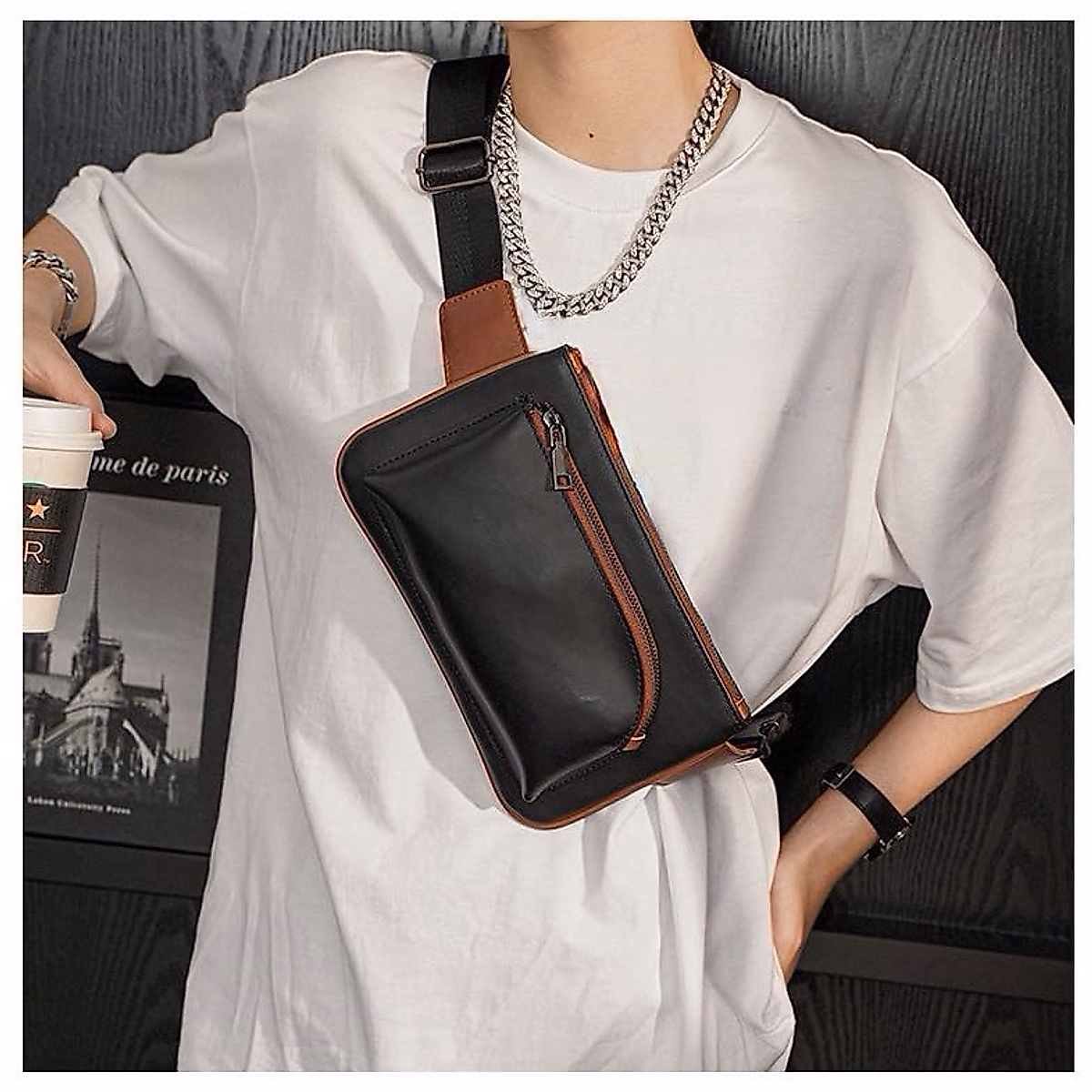 Bestsent Men's Leather Sling Bag,Chest Shoulder Backpack, Water waterproof Crossbody Bag (#03 Black&Brown)