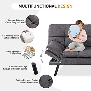 MUUEGM Futon Sofa Couch Bed, Convertible Memory Foam Futons Couch Bed, Adjustable Backrests Armrests Couch Bed Sleeper,Modern Love Seat Daybed Sofa for Living Room,Small Space,Office,71", Linen Grey