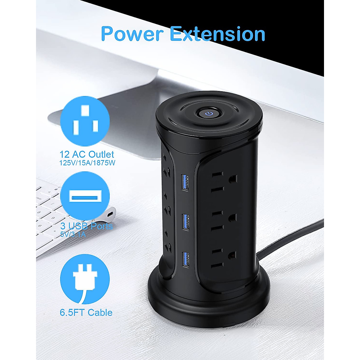 Meeoueoiu Tower Power Strip with 12-Outlet,3 USB-A Ports.Desk Power Strip Tower 1875 Watts 15 Amp,6.5-FT Flat Plug Extension Cord Tower for Home,Office,Cruise Ship