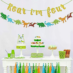 Roar I'm Four Banner Dinosaur Garland for Kids' 4th Dinosaur Birthday Party Decorations