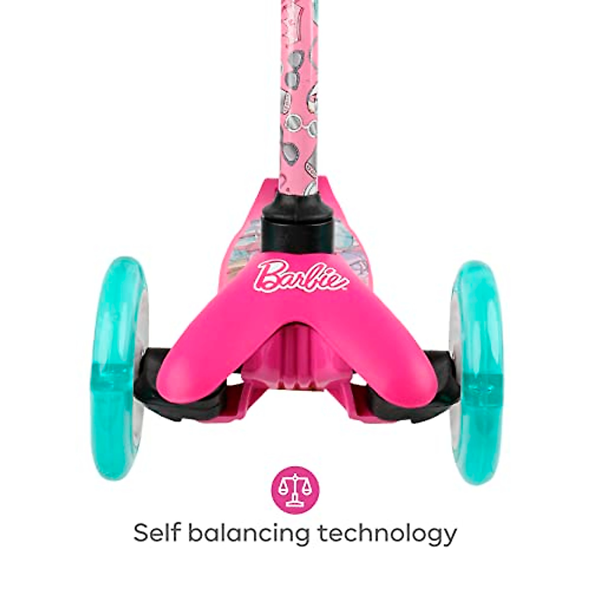 Barbie Self Balancing Kick Scooter with Light Up Wheels, Extra Wide Deck, 3 Wheel Platform, Foot Activated Brake, 75 lbs Limit, Kids & Toddlers Girls or Boys, for Ages 3 and Up