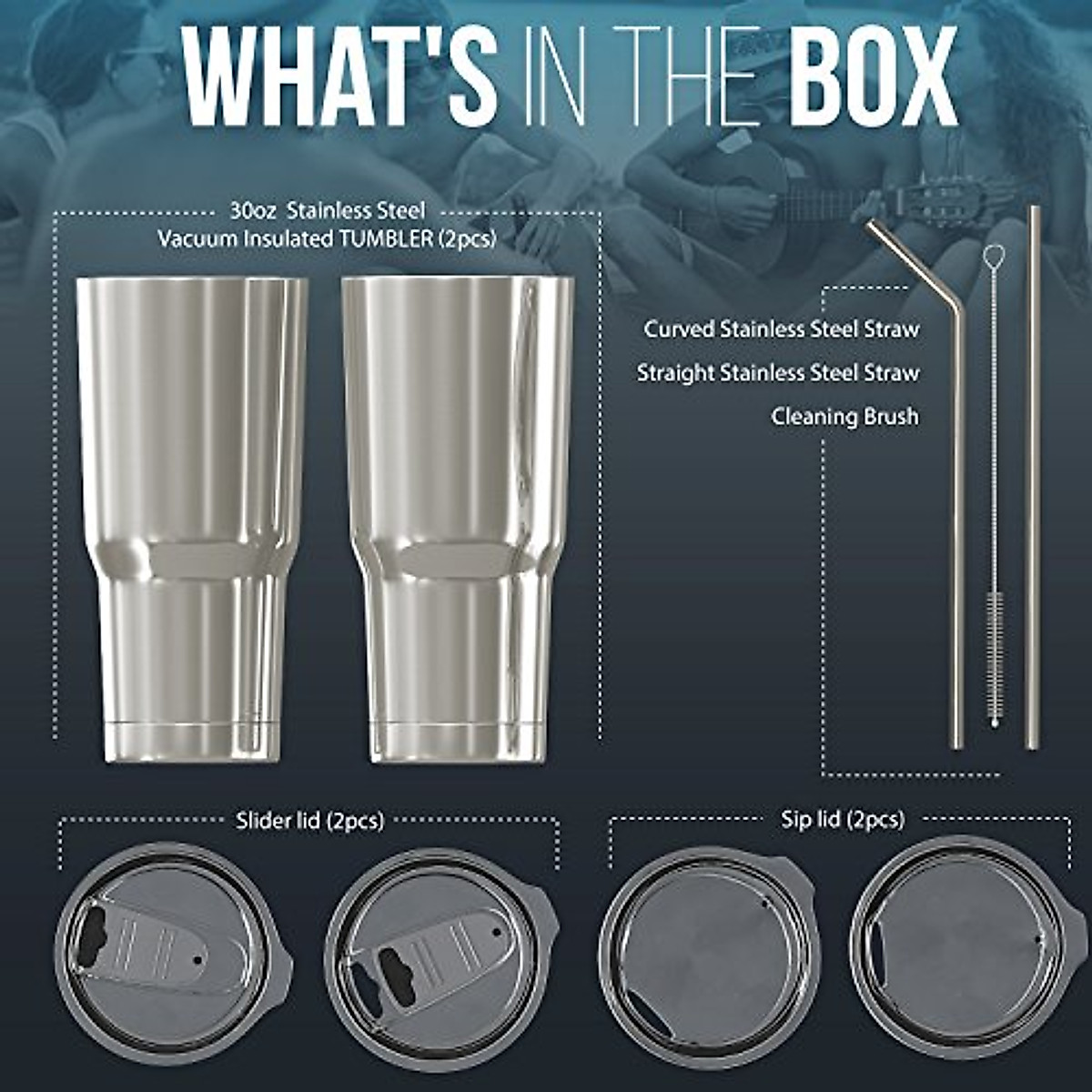 BluePeak Double Wall Vacuum Stainless Steel Insulated Tumblers Set, 2-Pack - Includes 2 Sipping Lids, 2 Spill-Proof Sliding Lids, 2 Straws, 1 Cleaning Brush & Gift Box (30 oz, Silver)