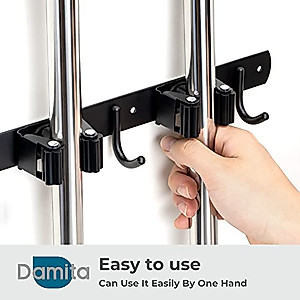 Damita Mop Broom Holder Wall Mount, 3 Racks 4 Hooks Mop Hanger Wall Mount for Kitchen Garage Garden Tool Organization - 304 Stainless Steel Non-slip Broom Organizer Wall Mount (1 Pack, Black)