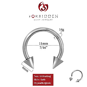 Forbidden Body Jewelry 14g 11 mm (7/16") Titanium Double Spike Horseshoe Body Piercing Ring, 4 mm Cones