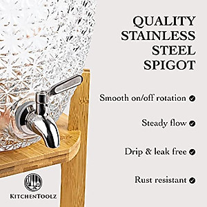 2.5 Gallon Glass Iced Beverage Dispenser with Stainless Steel Spigot Drink Dispenser on Wooden Stand - Chiseled Glass Style
