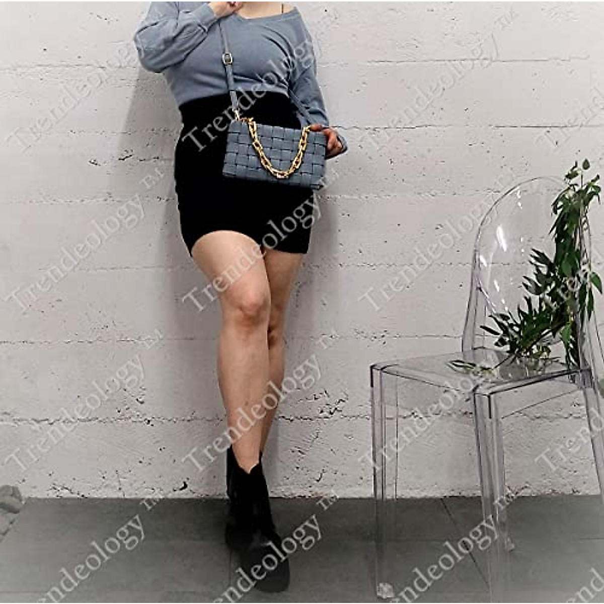 Womens Girls Gold Chain Accent Vegan Leather Clutch Purse Tote Handbag Crossbody (Black)