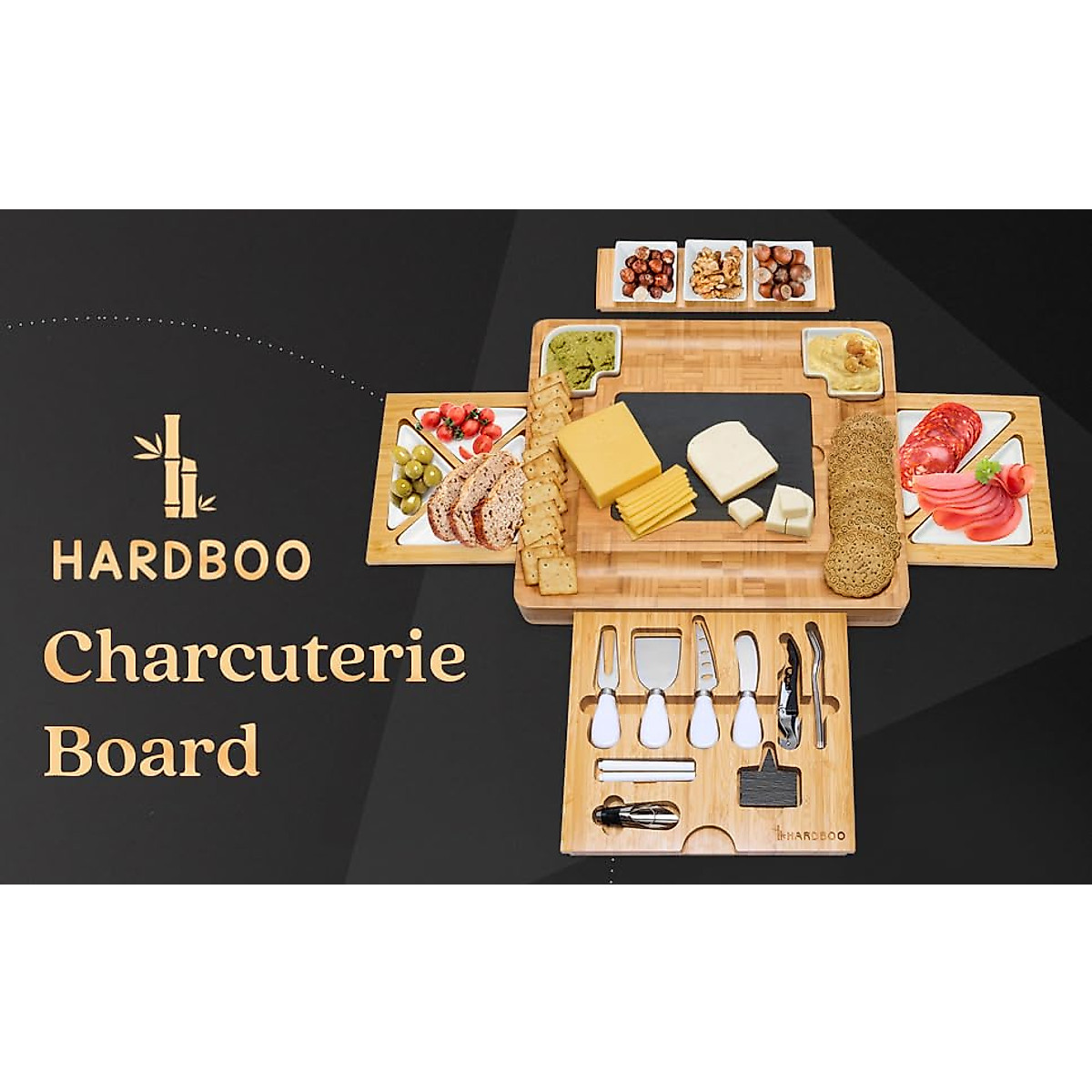 Bamboo Charcuterie Board Set of 26 Pcs - 16×13×2 Inches 4 Drawer Bamboo Board Set with Fruit Tray, Ceramic Dipping Bowls, Cutting Tools, Wine Opener, Cheese Platter Accessories (End-Grain)