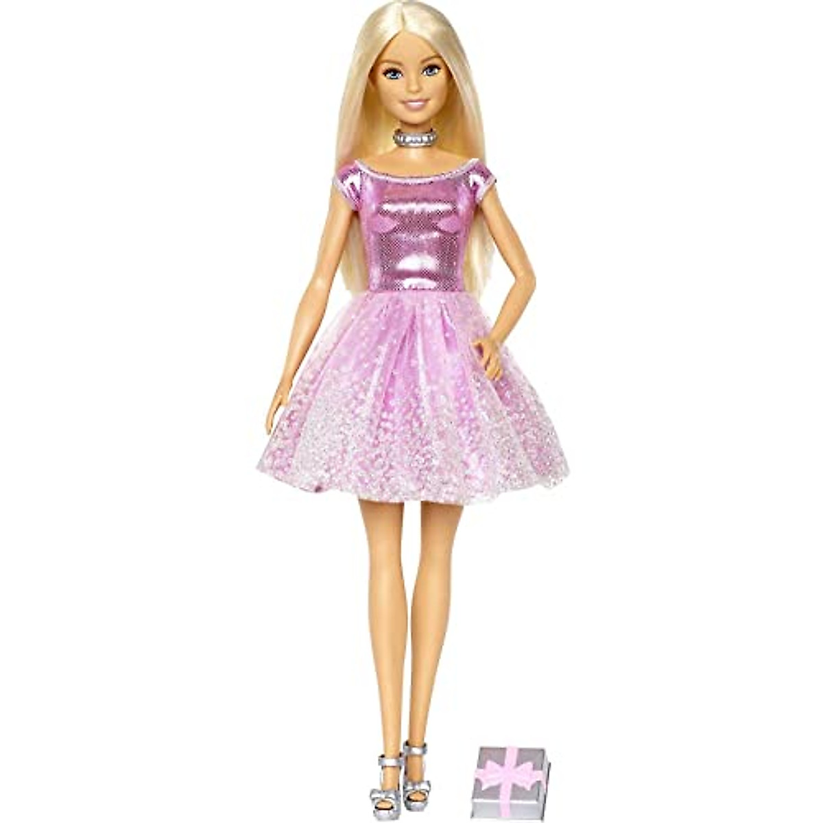 Barbie Happy Birthday Doll with Blonde Hair and Blue Eyes, Pink Glitter Party Dress, Gift and Silvery Accessories (Amazon Exclusive)